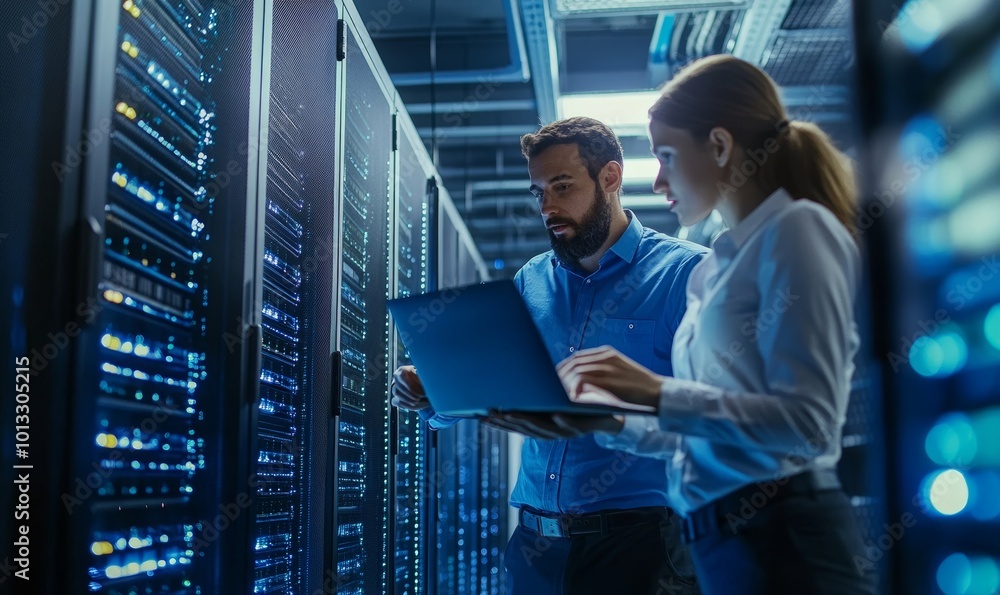 Data Center Female System Administrator and Male IT Specialist talk ...