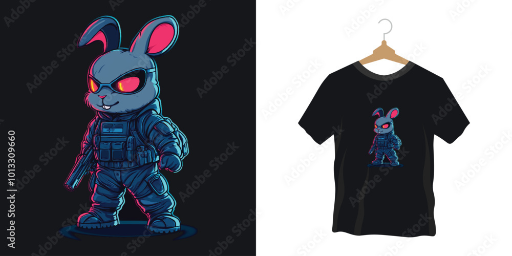 Easter day T shirt design with modern format bunny in combat suit ...