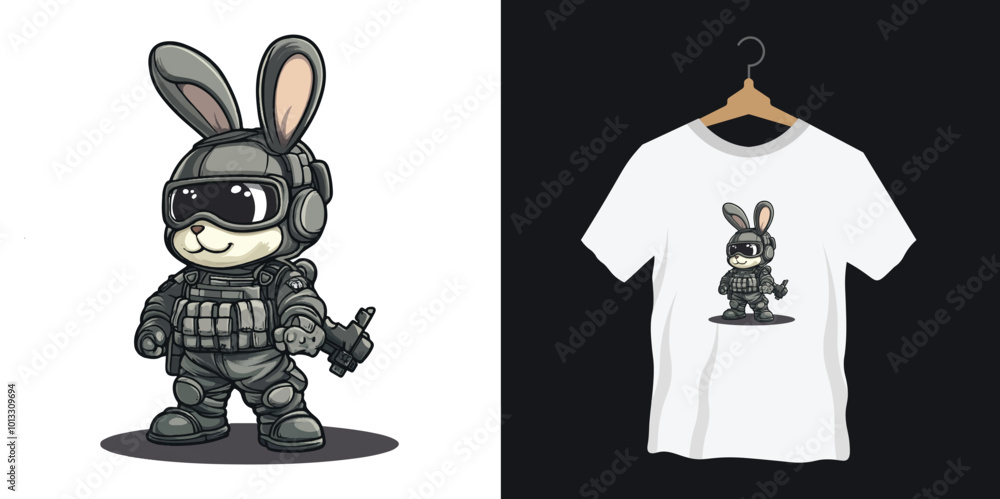 Easter day T shirt design with modern format bunny in combat suit ...