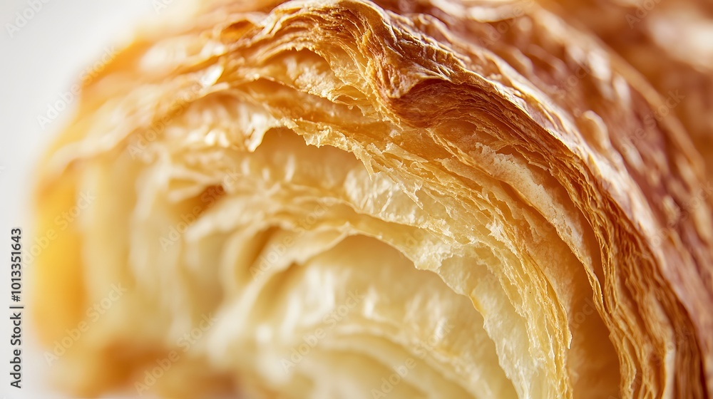 Realistic close-up of a croissant with flaky, golden layers on a white ...