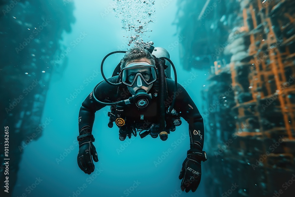 Male diver inspects underwater structures near an offshore oil rig ...