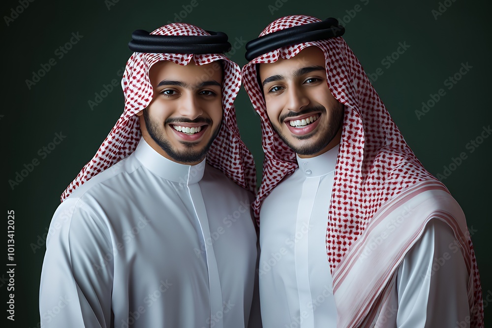 Two smiling Middle Eastern men in traditional clothing, with a white ...