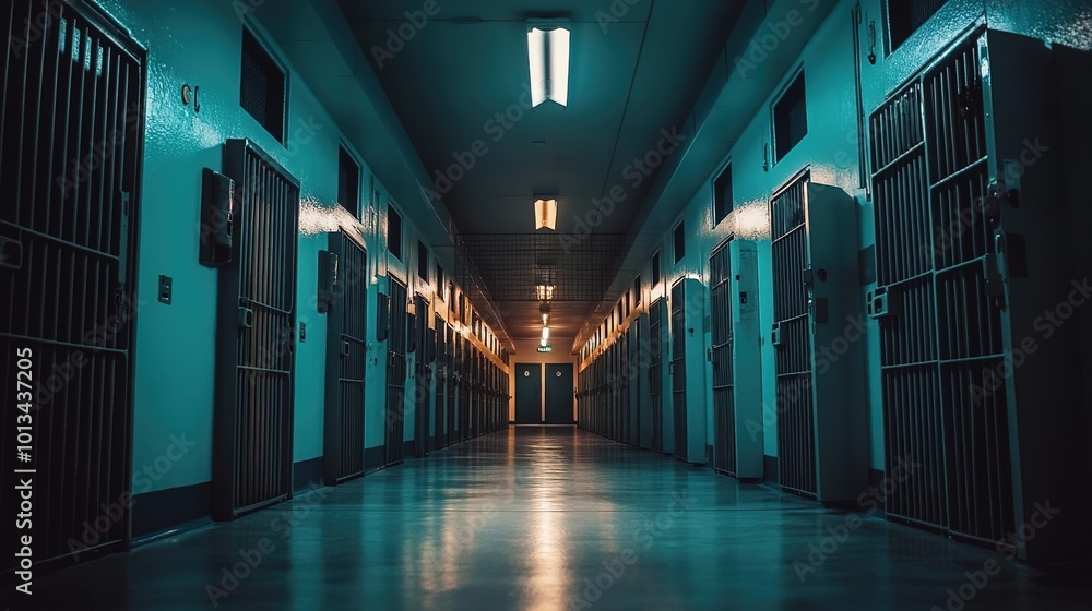 Interior of a prison corridor with rows of cells and locked doors ...