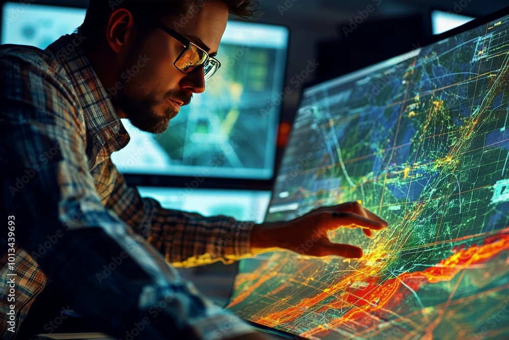 Engineer Analyzing Seismic Data with Digital Overlays Stock Photo ...