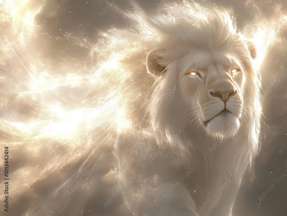 majestic lion with christ-like features and flowing mane. radiant aura ...