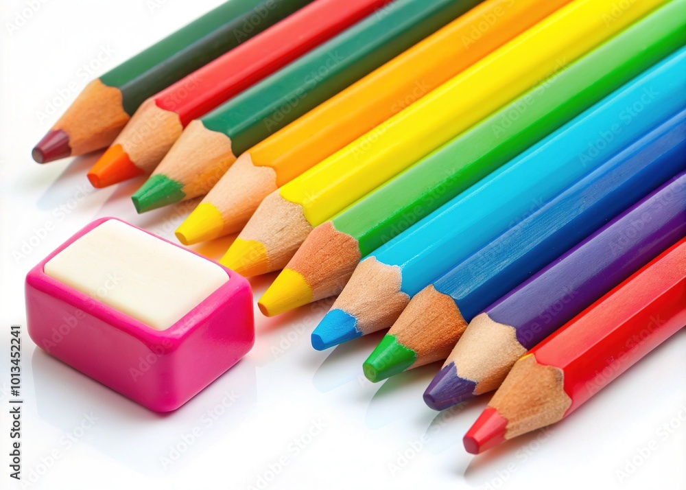 Vibrant, worn colored pencils and a well-used eraser, bearing signs of ...