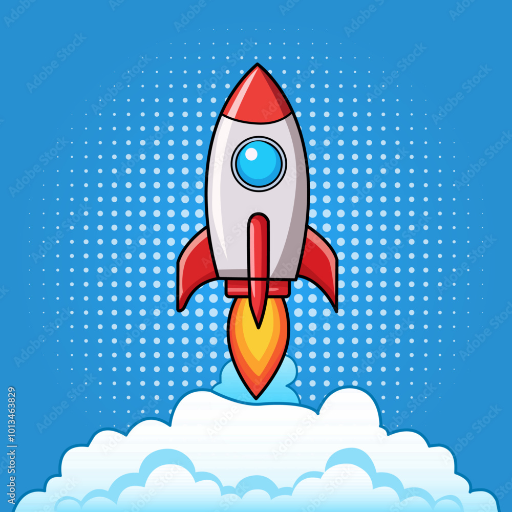 pop art style comic background with rocket and clouds , vector ...