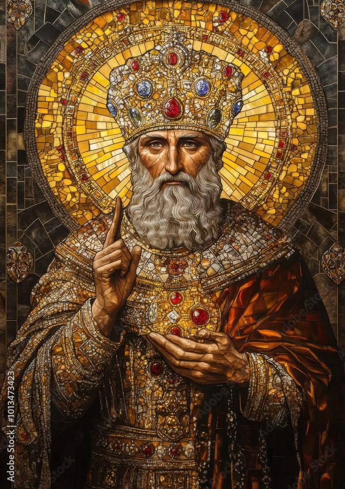 Saint Nicholas stained glass mosaic, medieval art, gold background ...