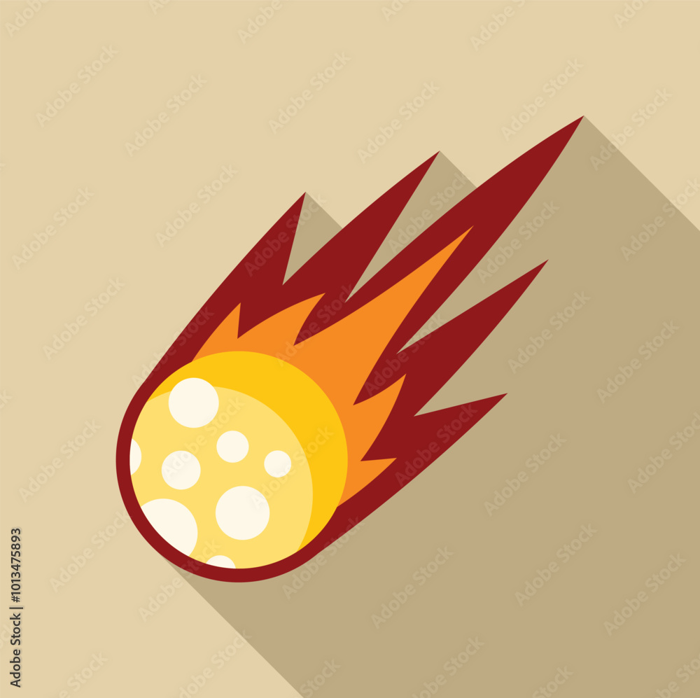 Cartoon style illustration of a yellow meteorite with craters, burning ...