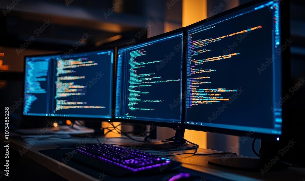 Professional IT Programer Working in Data Center on Desktop Computer with Three Displays, Doing ...