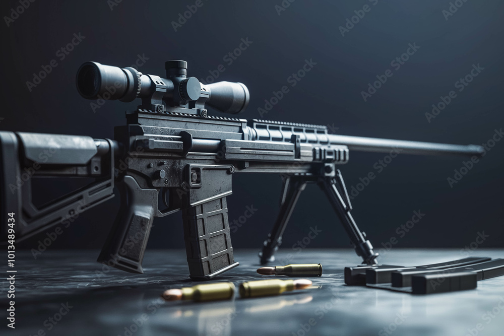 Modern powerful sniper rifle with a telescopic sight mounted on a bipod ...