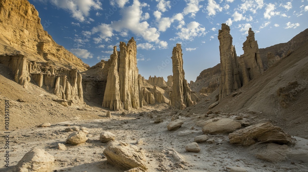 Erosion forming sharp rock spires in a desert, with layers of sediment ...
