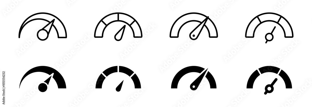 Speedometer icon set. Speed indicator. Gauge, dashboard, tachometer ...
