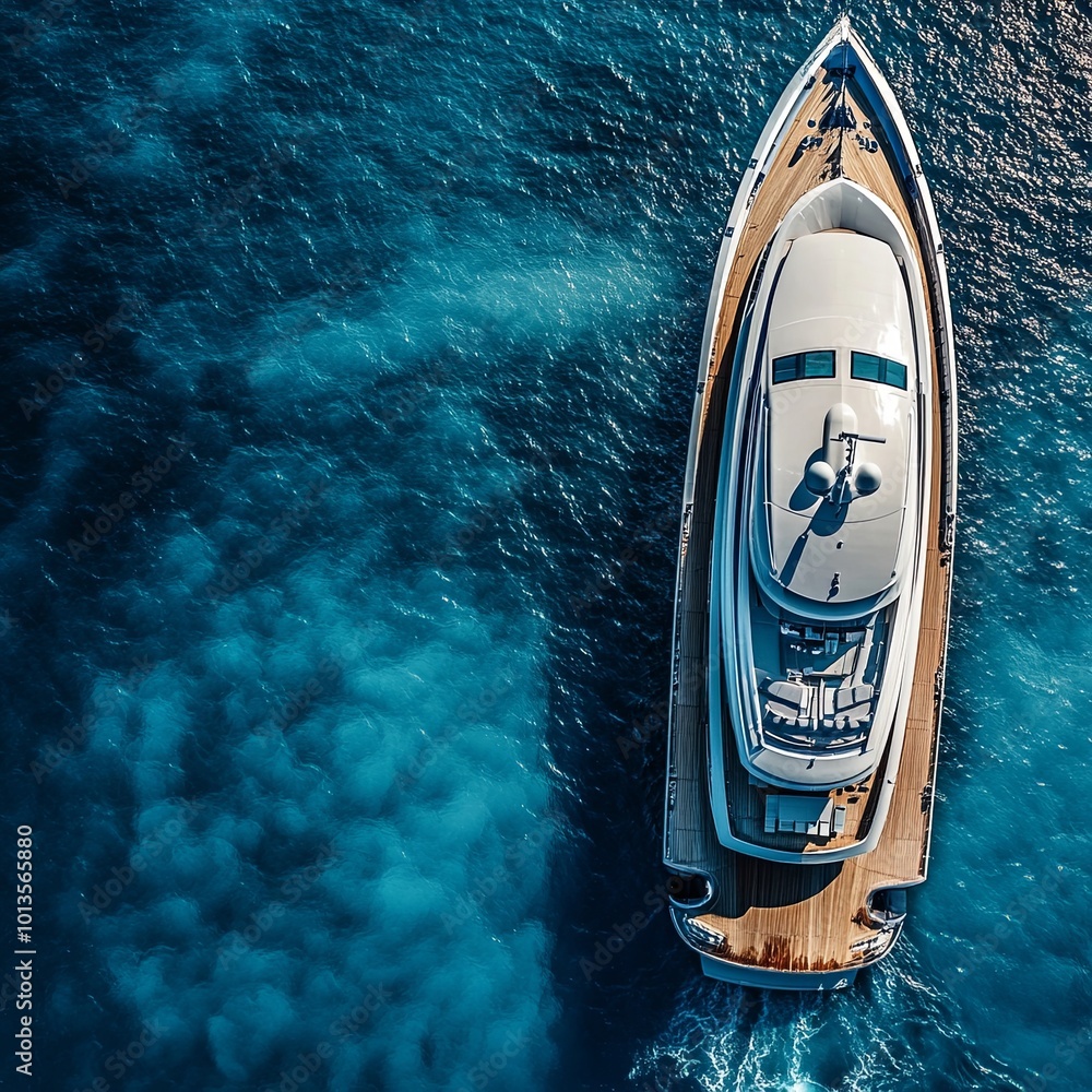 Aerial drone top down photo of luxury mega yacht with wooden deck and ...