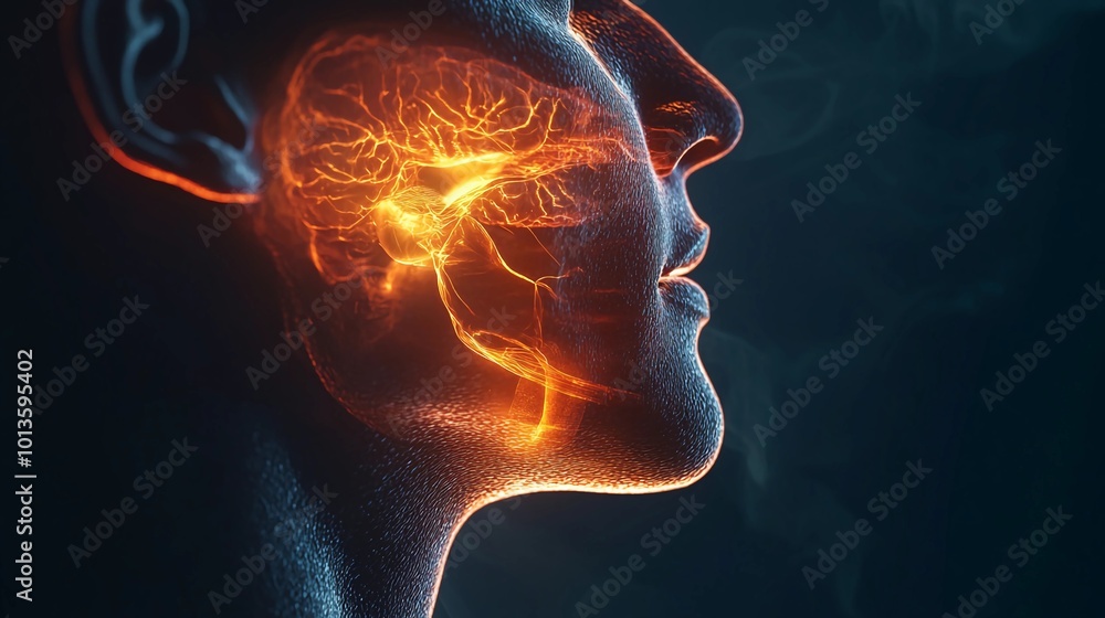 Human Head with Highlighted ENT Pathways, a detailed side profile of a ...