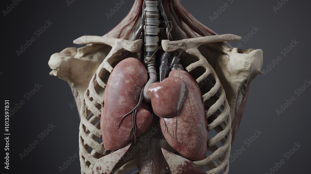 Human Thoracic Cavity Anatomy Featuring Detailed Heart, Lungs, and Respiratory Structures Stock ...