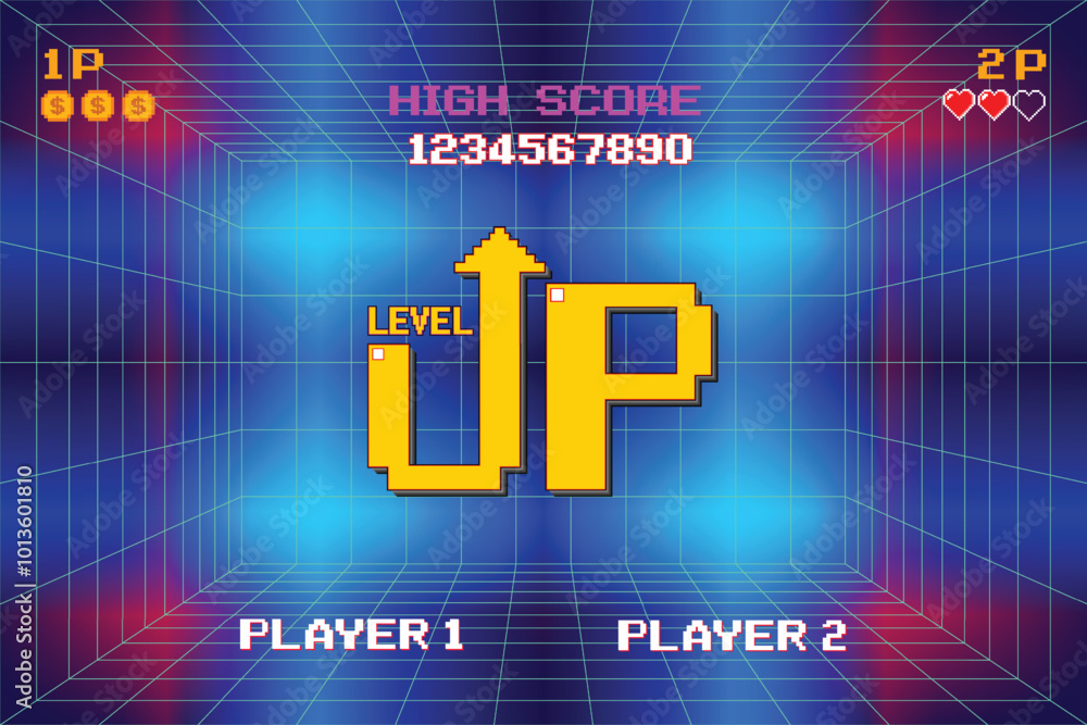 LEVEL UP. press start button. pixel art .8 bit game. retro game. for ...