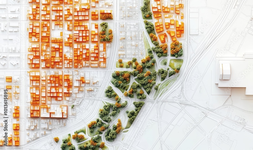 A detailed, technical blueprint showcasing urban planning and city ...