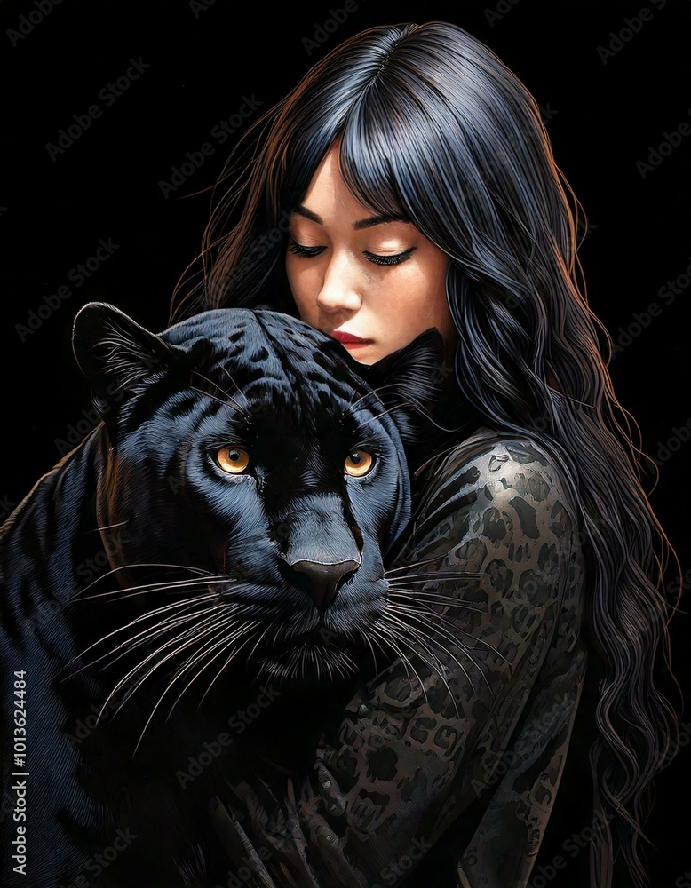 beautiful woman cuddling wild animal fantasy art portrait Stock ...