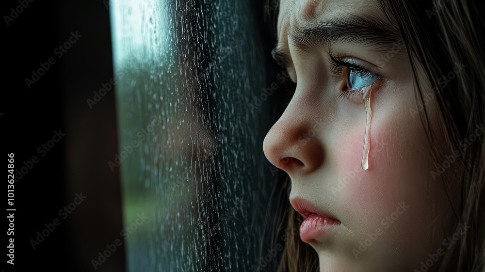 Teenage girl staring out a rainy window, tear rolling down her cheek ...