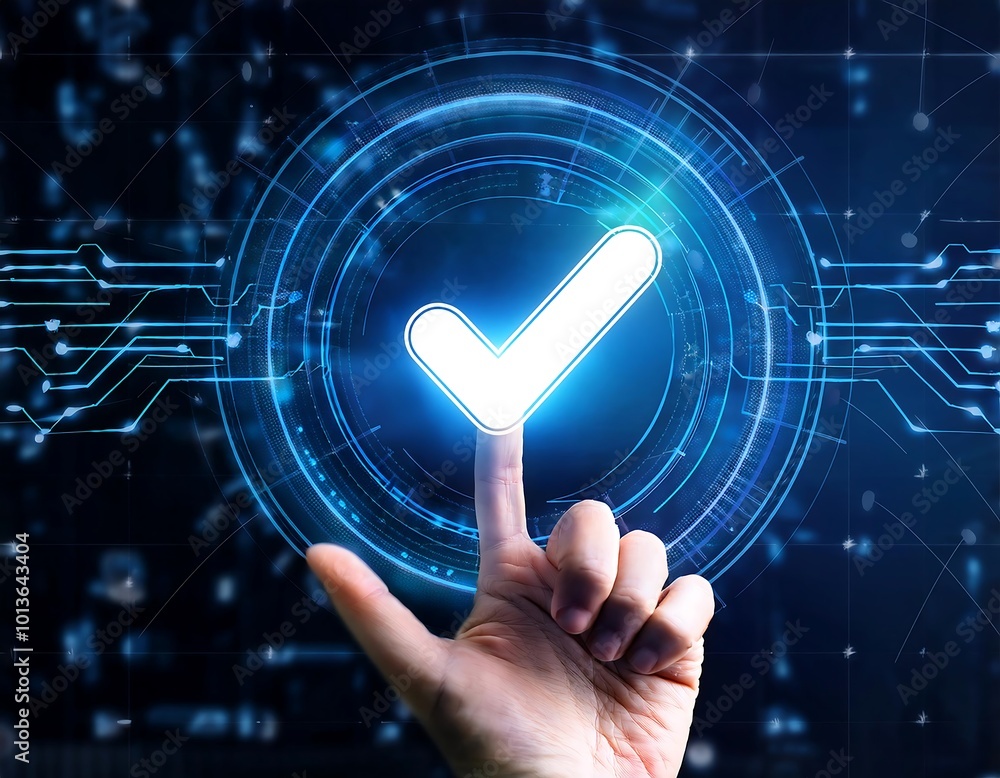 A finger touches a glowing checkmark icon, symbolizing the approval and ...