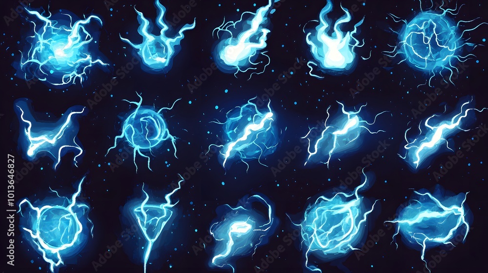 Cartoon lightning animation frames set, including electric strikes ...