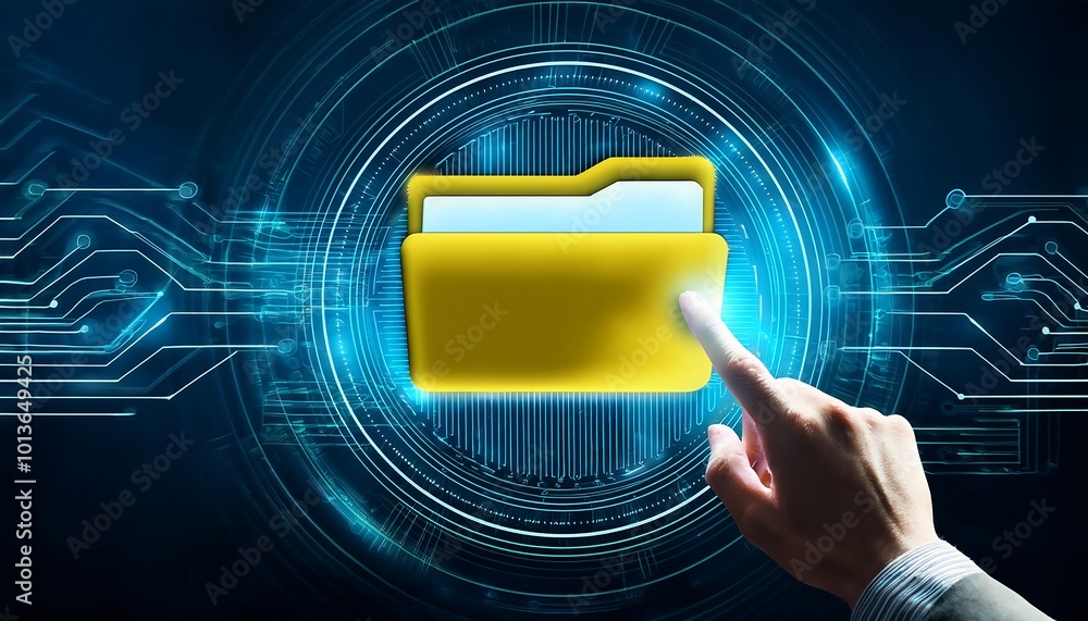 finger touching yellow glowing folder icon on futuristic high-tech ...