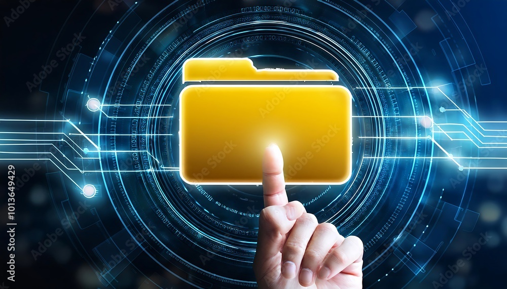 finger touching yellow glowing folder icon on futuristic high-tech ...