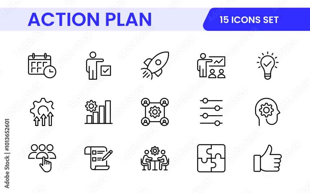 Line icons about action plan. Contains such icons as search strategy ...