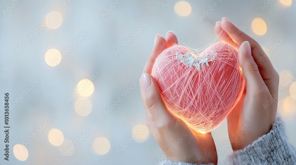 Hands holding a broken heart, slowly being repaired with light threads ...