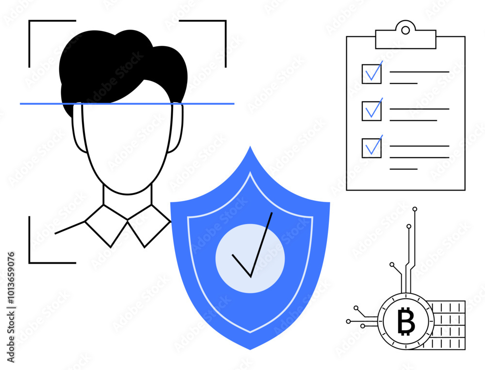 Face recognition, checklist, blue shield with a checkmark, and Bitcoin ...