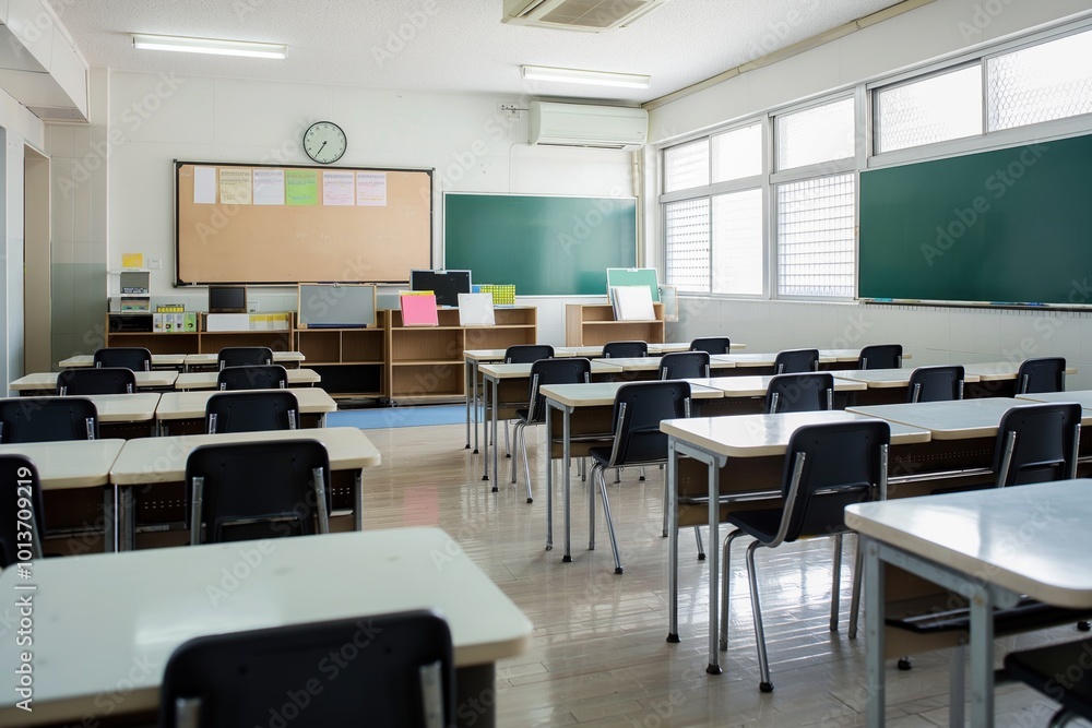 Typical empty elementary school classroom interior design. Rows of desks, chairs in neat ...