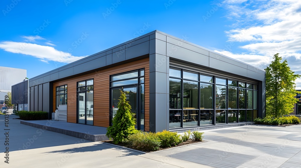 Exterior of a modern warehouse with a small office unit, featuring ...