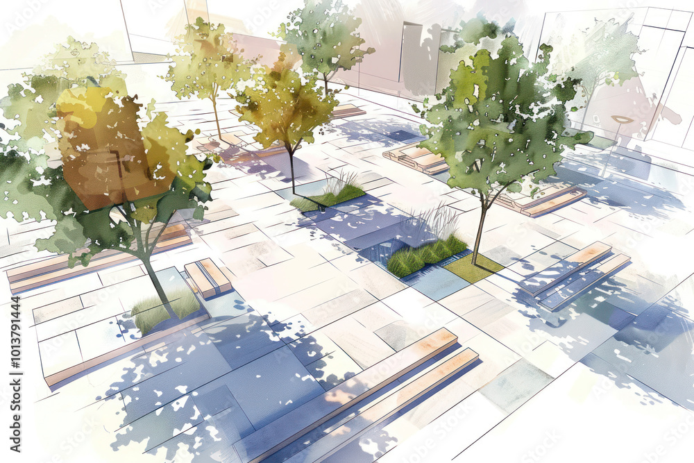 A city square redesign plan with modern seating areas, shaded spaces ...