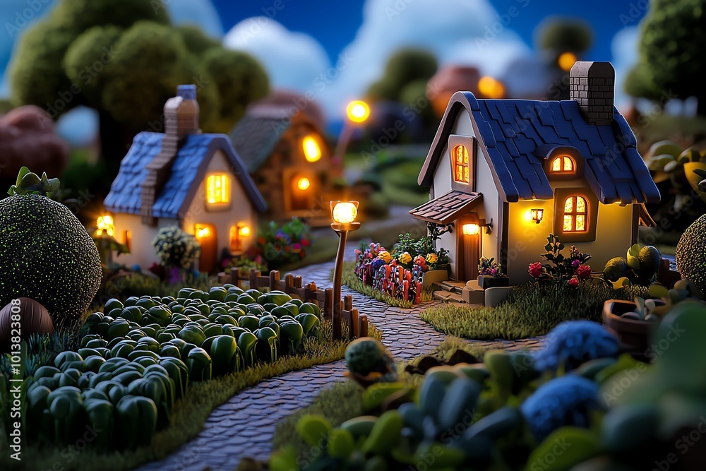 Fantasy village with glowing lights and enchanted farmland, where crops ...