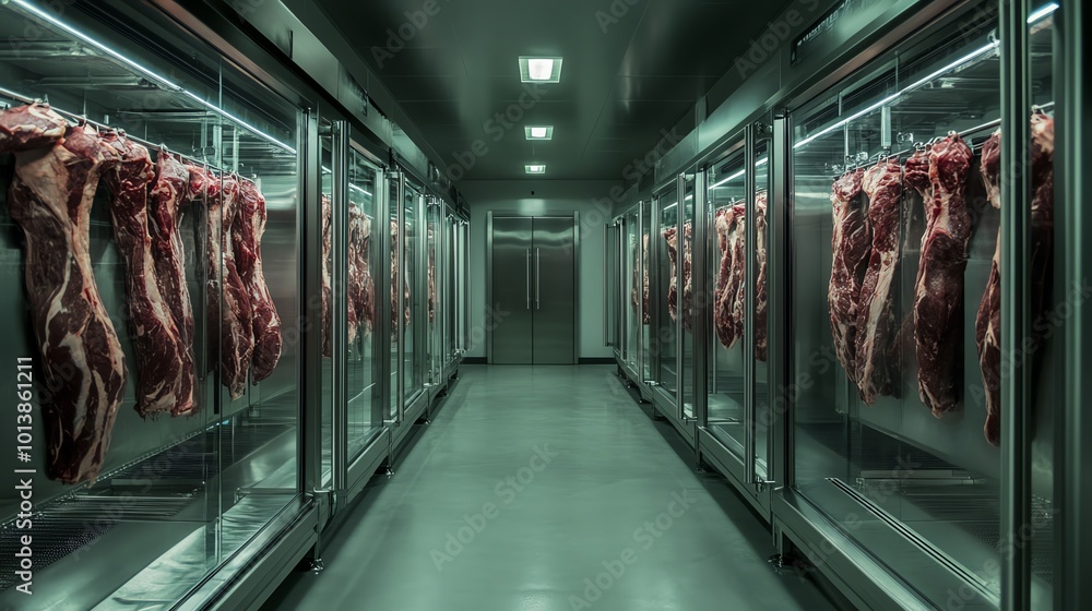 Chilled meat storage area with hanging cuts, showcasing a modern ...