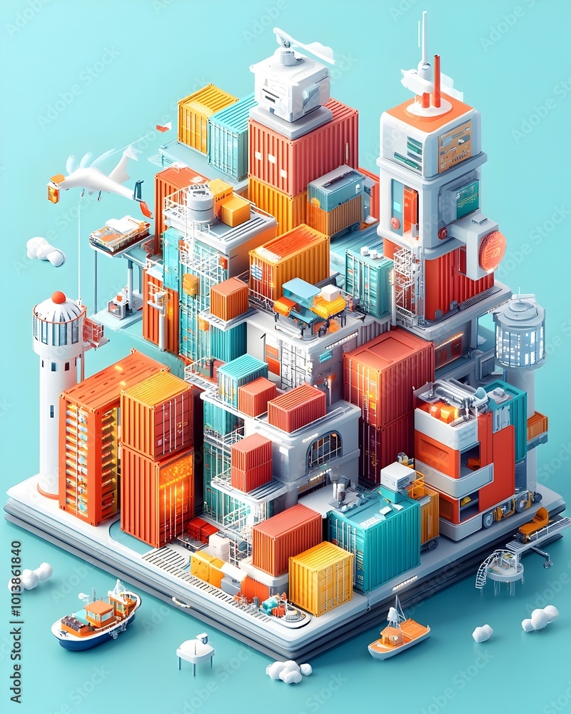 Towering cargo container stacks intermodal freight transport network ...