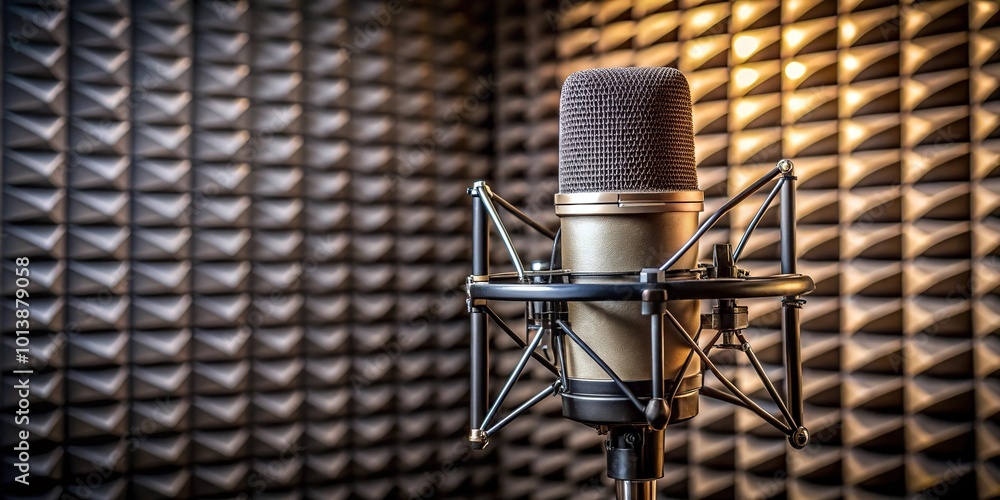 Black metal condenser microphone in recording studio with acoustic ...