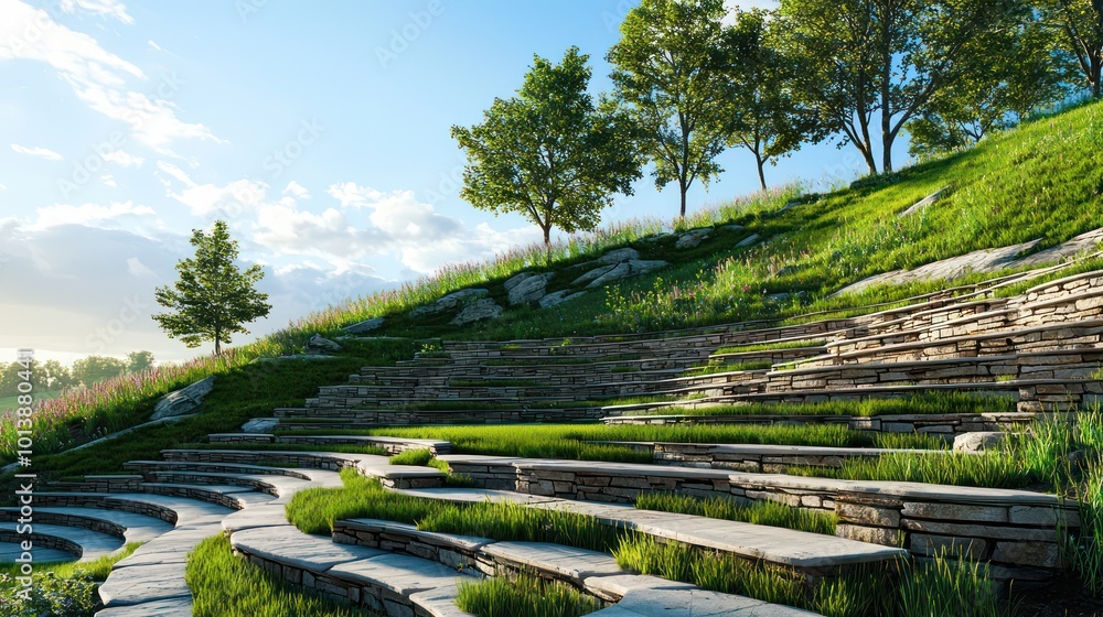 An outdoor amphitheater with layered seating made from cut stone and ...