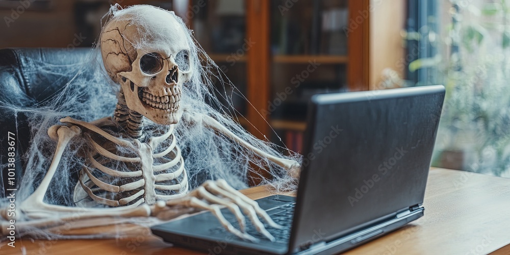 Foto skeleton covered in cobwebs typing on laptop waiting for webpage to load do Stock | Adobe Stock
