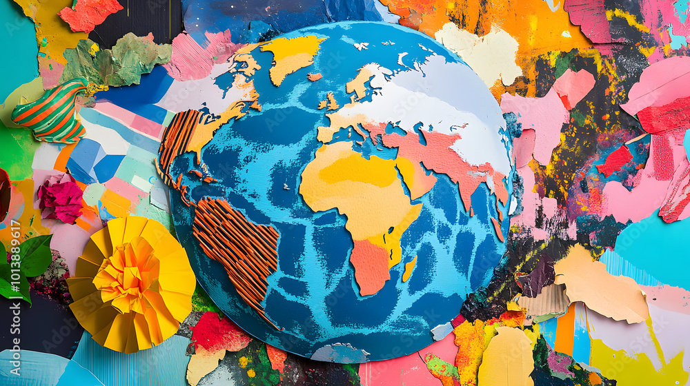 World, globe and collage art made of paper school project, humanity and ...