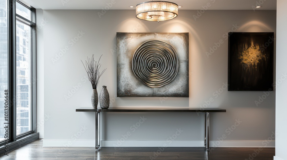 A modern entryway with a statement metal art piece, a sleek console ...