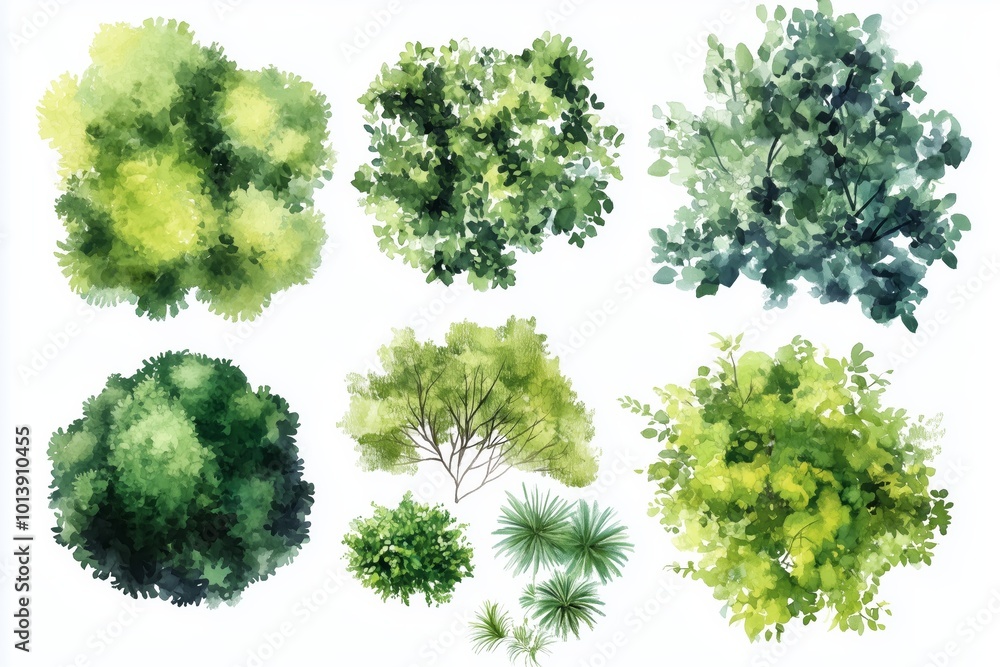 Various green trees, bushes and shrubs, top view for landscape design ...