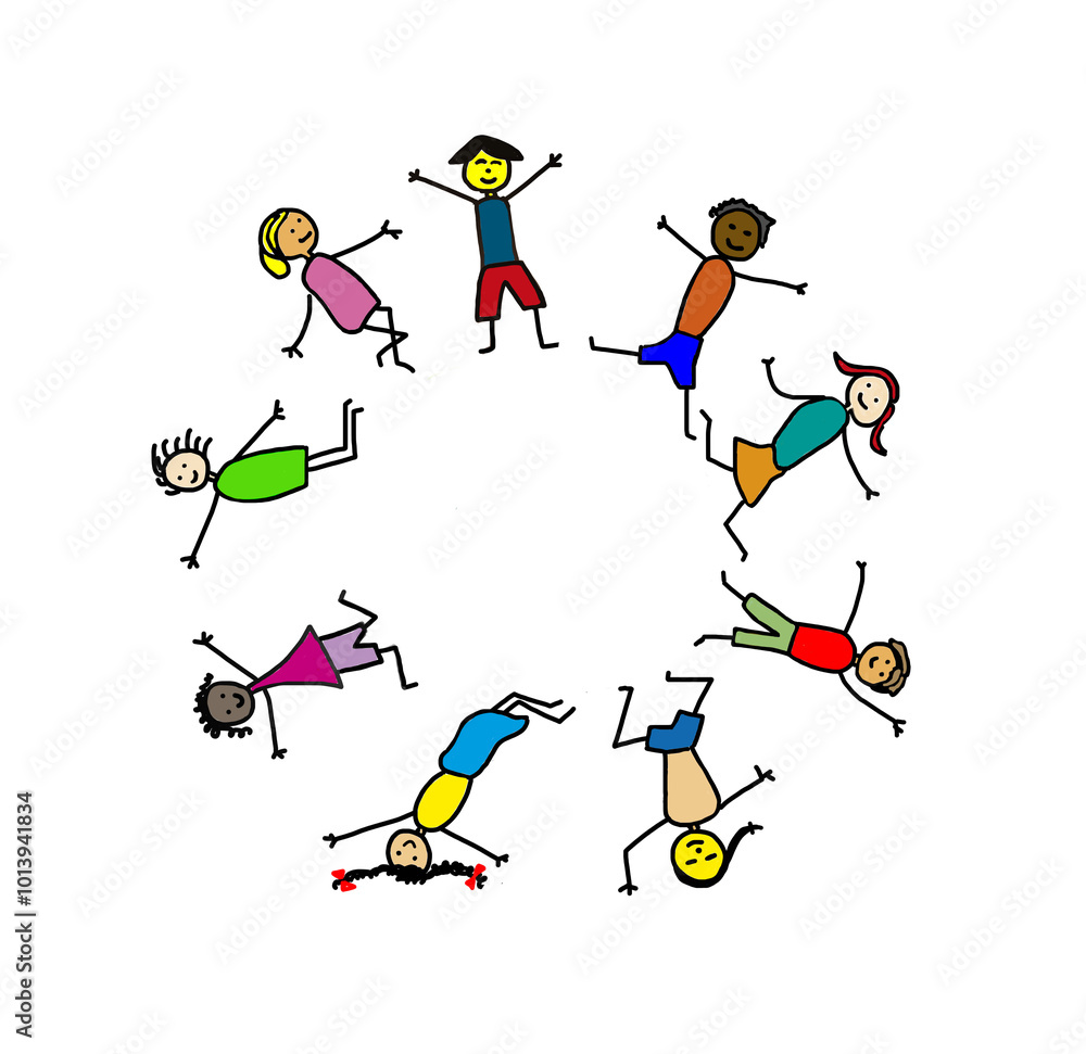 Naive illustration, children drawing, children of different ...