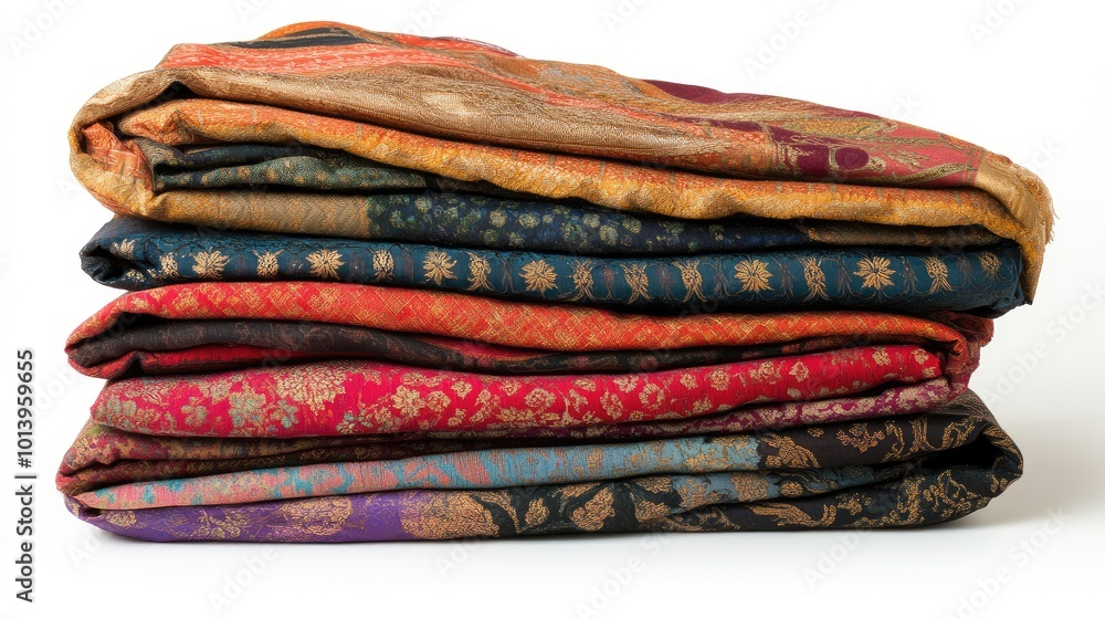 A richly colored sari folded in layers, placed on a plain white ...