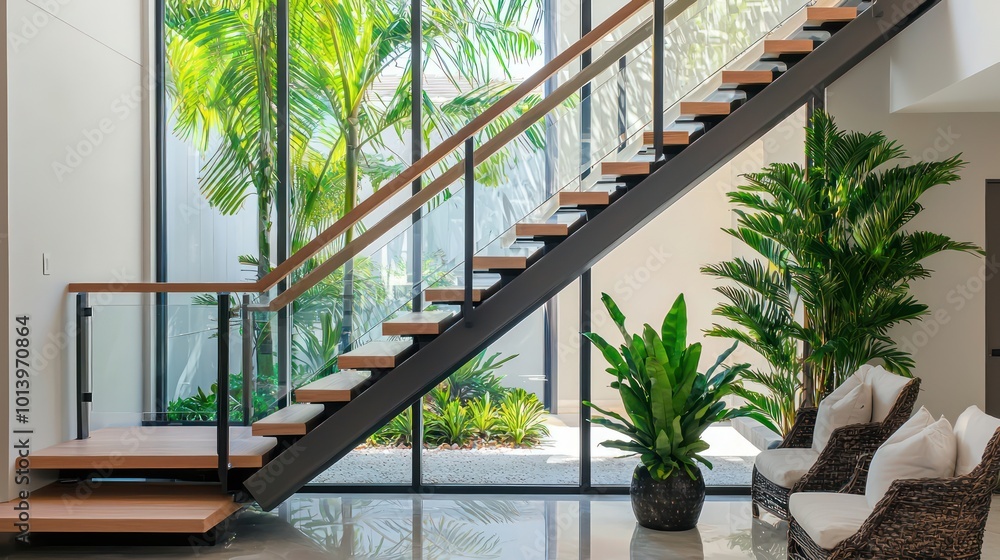 A modern staircase with a dual-tone wooden and glass design, the glass ...