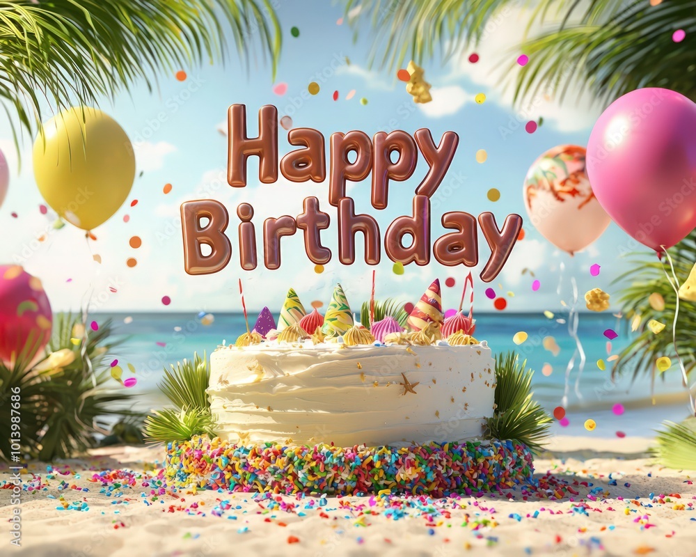 Tropical Party 3D Happy Birthday with a tropical-themed cake, beach ...