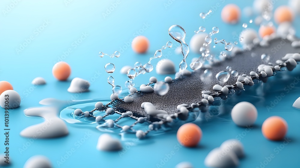 3D rendered of a graphene system displaying water molecules seamlessly ...
