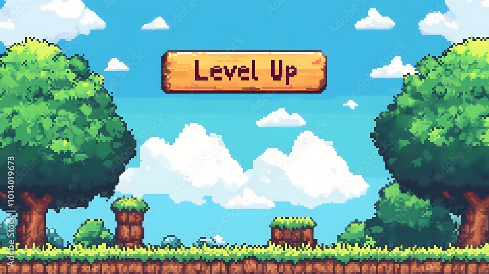 Pixel art game background with a "Level Up" button, embodying a retro ...