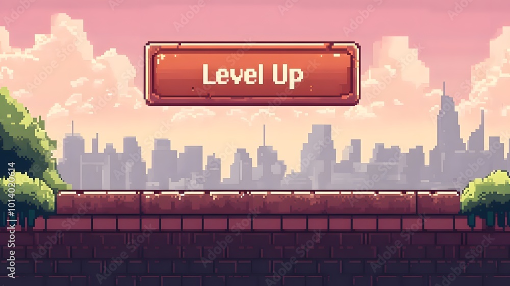 Pixel art game background with a "Level Up" button, embodying a retro ...